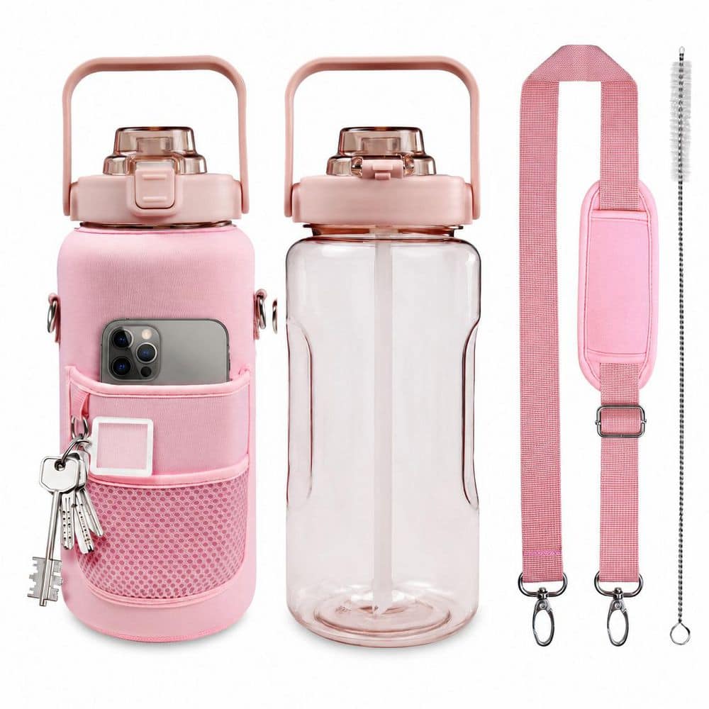 LAIFUCAM 64 oz Pink Plastic Leakproof Water Bottle with Straw and Time ...