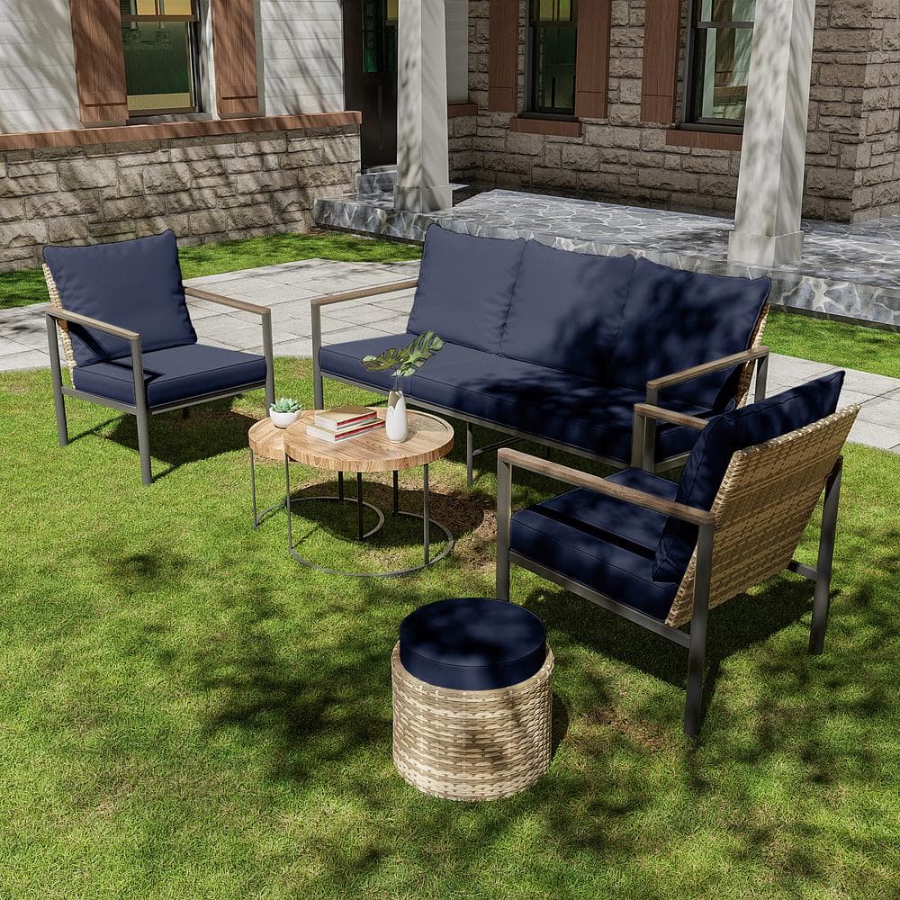 INMITOM 5-Piece Wicker Outdoor Patio Conversation Set with Blue ...