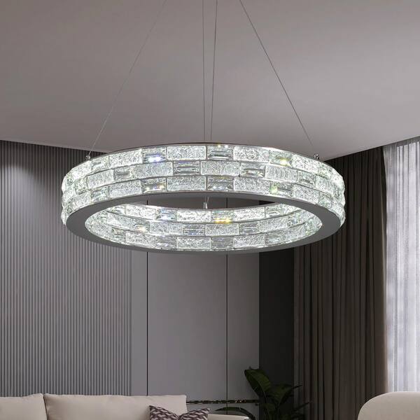 23.6 in. Modern 1-Light Integrated LED Chrome Crystal Chandelier Round ...