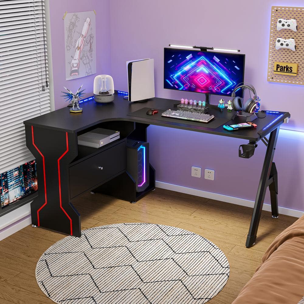 FUFU&GAGA 55.1 in. W Black L-Shaped Wood Computer Gaming Desk Office ...