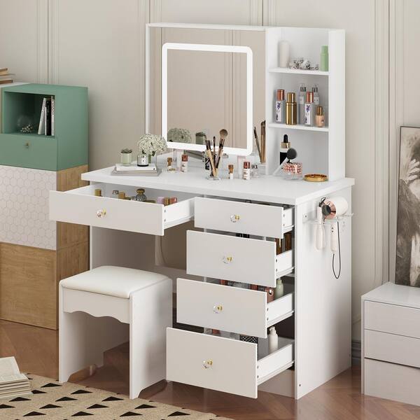 FUFU GAGA White Makeup Vanity Set Dresser Table with Dimmable Lighted Mirror Power Strip and Hair Dryer Holder 5 Drawers Stool KF210218 01