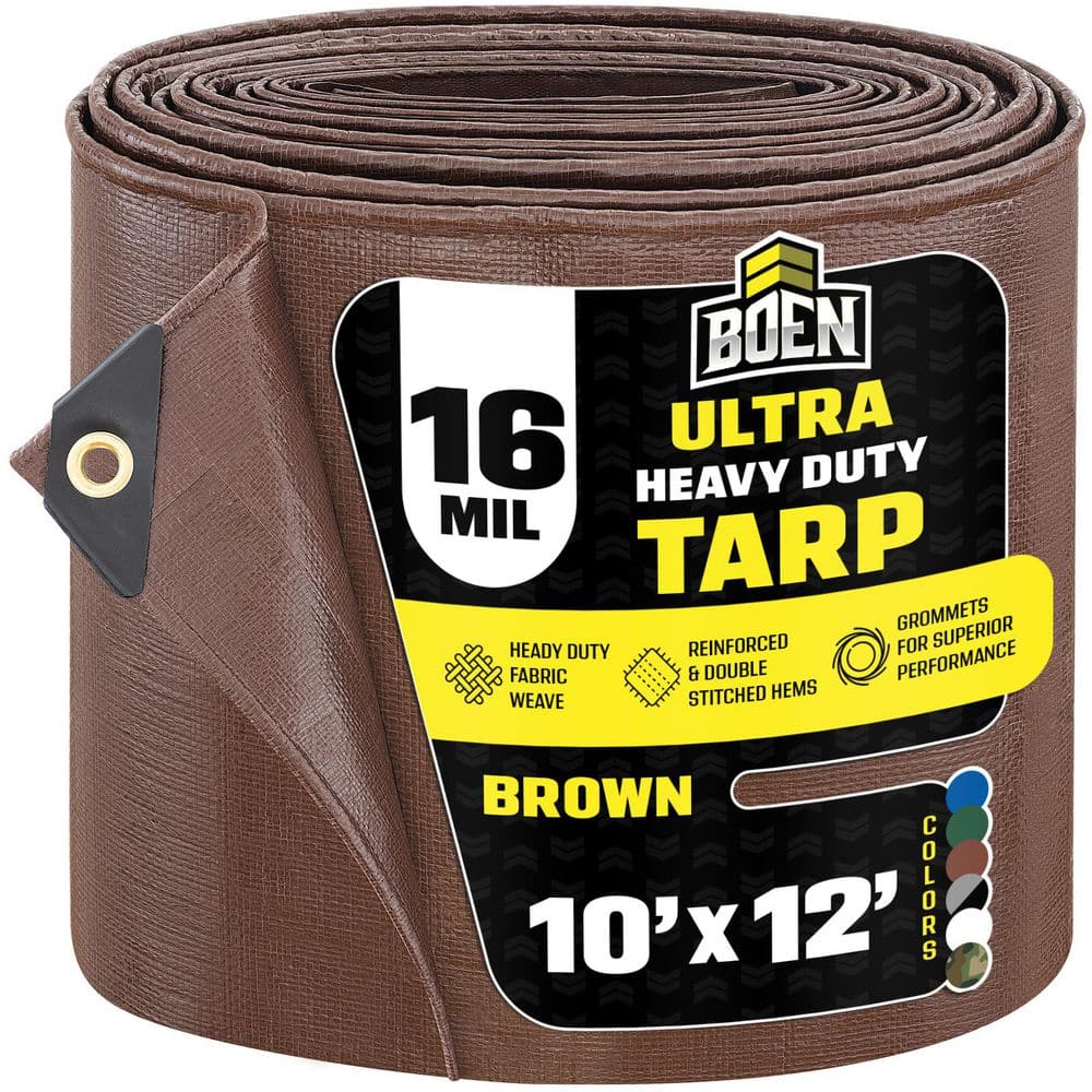 BOEN Ultra Heavy-Duty Brown Tarps 10 ft. x 12 ft. Waterproof and UV ...