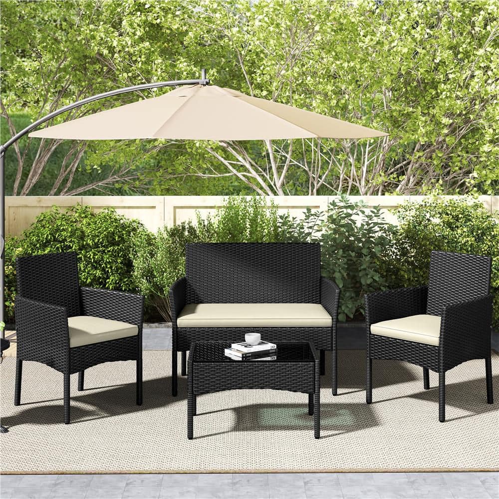 Yaheetech 4-Piece Metal Patio Conversation Set with Tempered-Glass ...