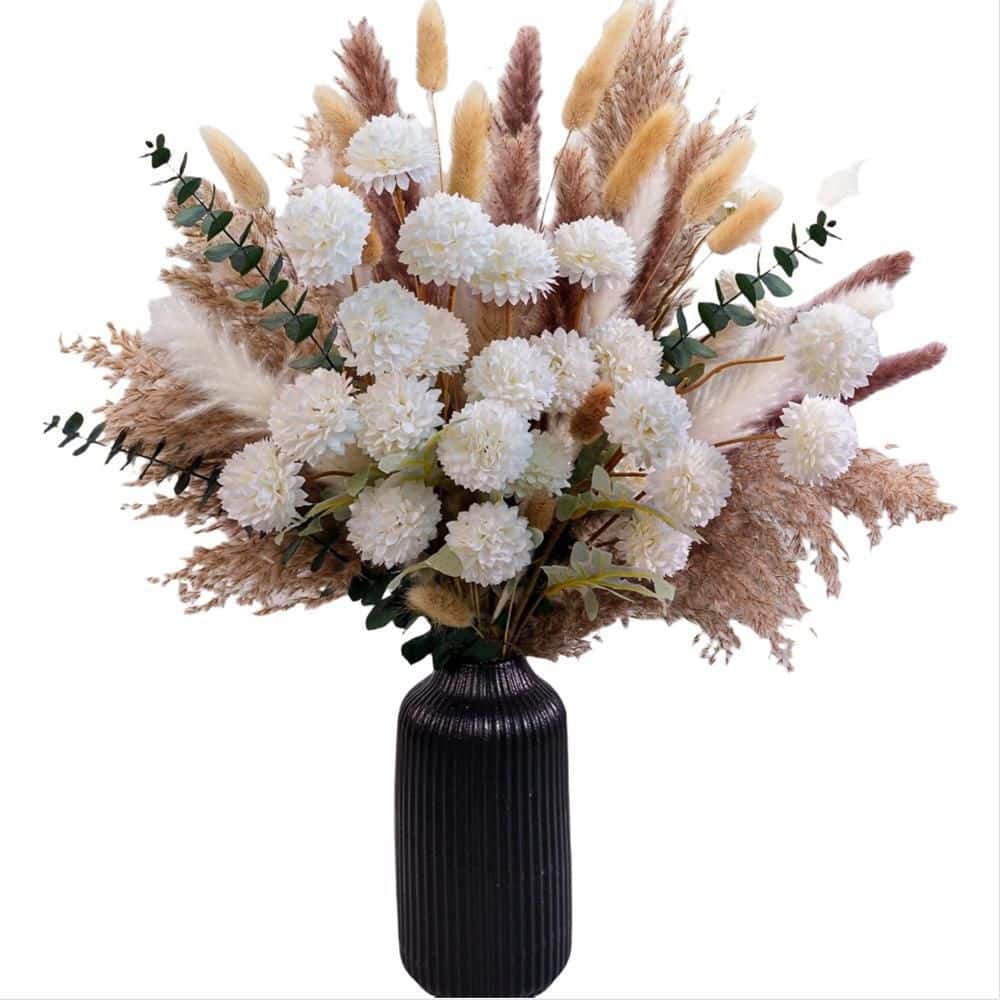 17 in. White Mums Artificial Flowers with Dried Pampas Grass Decor ...
