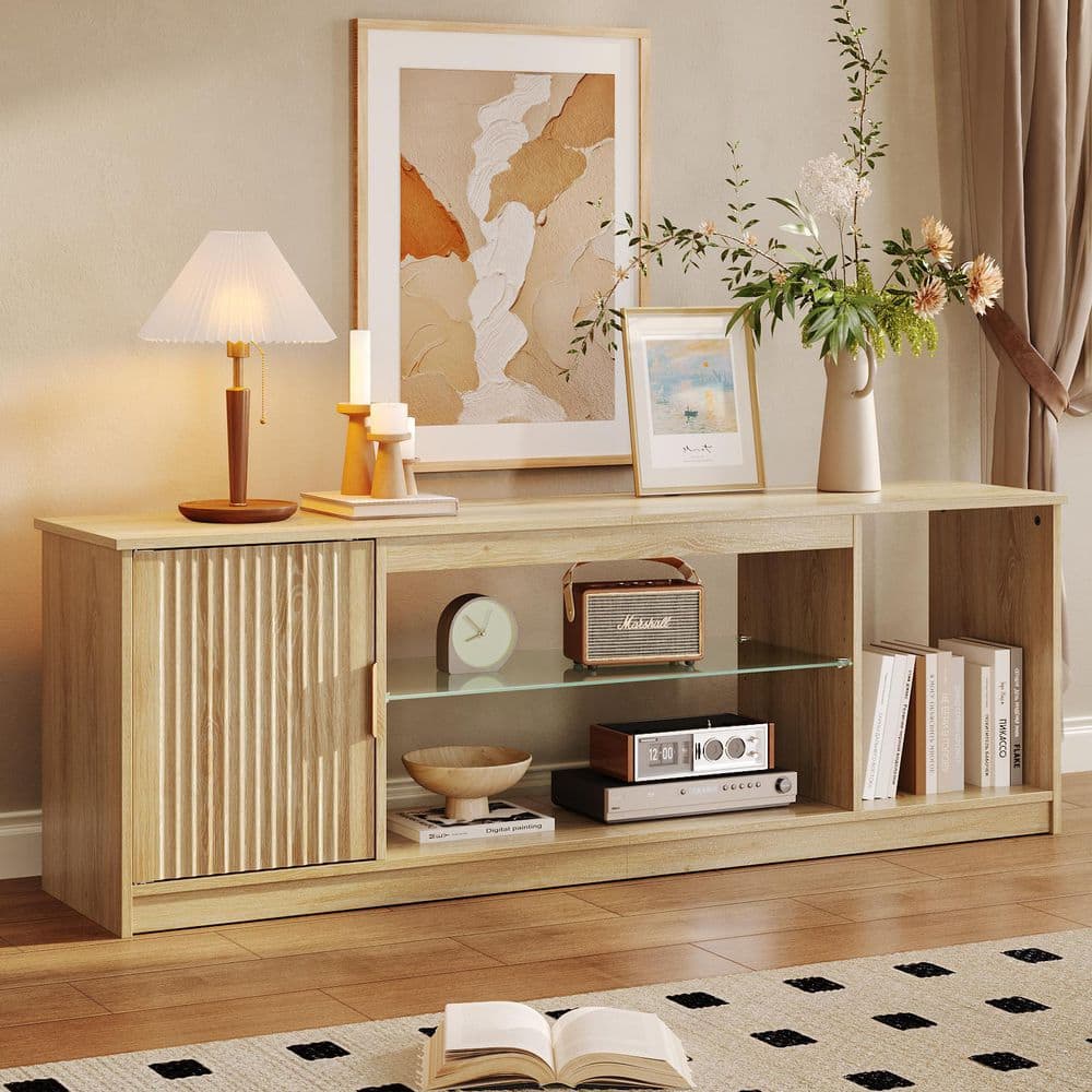 Bestier 57 in. Fluted Natural Wood Color TV Stand Fit TV Up to 65 in ...