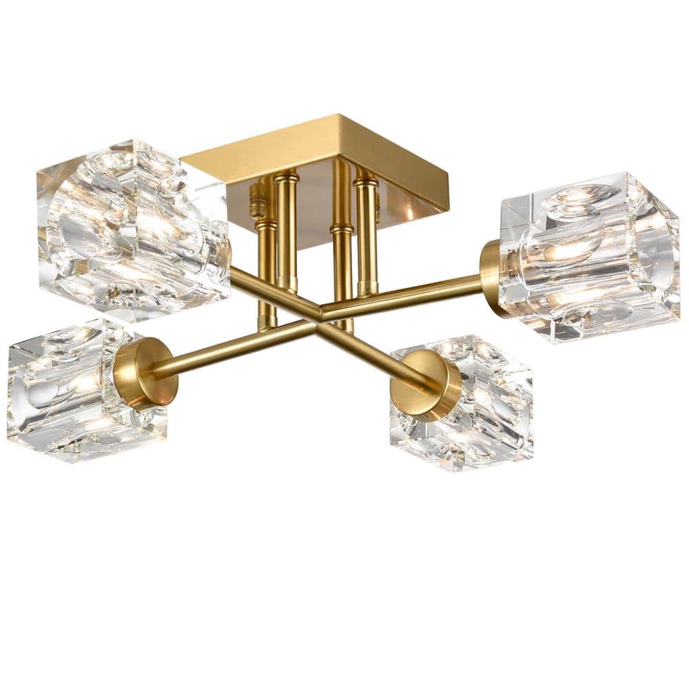 CLAXY 15 in. 4-Light Gold Modern Semi-Flush Mount with Crystal Shade ...