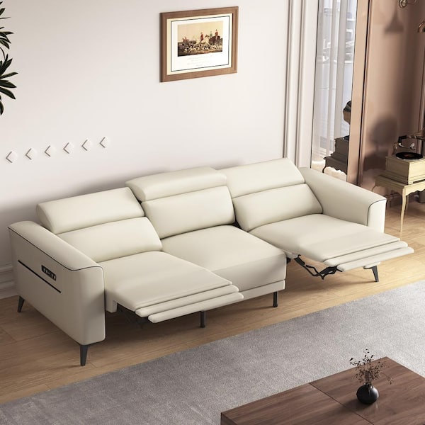 THE RIGHT PATH 112.5 in. Wide 43.3 in. Deep Dual Motor Recliner Leather Beige Recliner Adjustable Headrest Square Arm Square Sofa 2218 Two The Home Depot