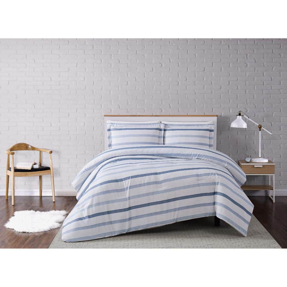 Truly Soft Waffle Stripe Twin XL 2-Piece White/Blue Comforter Set ...