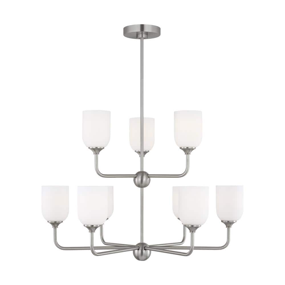 Generation Lighting Emile Extra Large 9-Light Brushed Steel Chandelier with Etched White Glass ...
