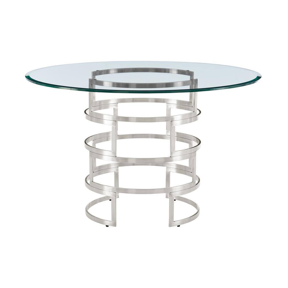 Armen Living Diaz Stainless Steel Glass Top 48 in. Pedestal Base Dining ...