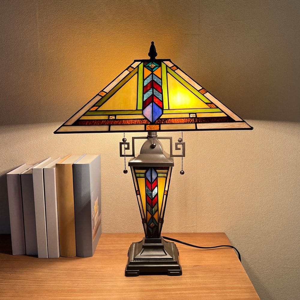 VINPLUS 23in. Amber Mission Tiffany Table Lamp with Pull Chain Control ...