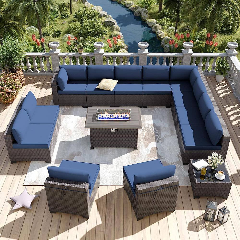 Halmuz 14-Piece Wicker Patio Conversation Set with 55000 BTU Gas Fire ...