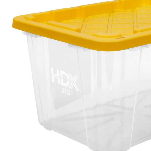 HDX 27 Gal. Tough Storage Tote in Clear with Yellow Lid 999-27G-C-HDX ...