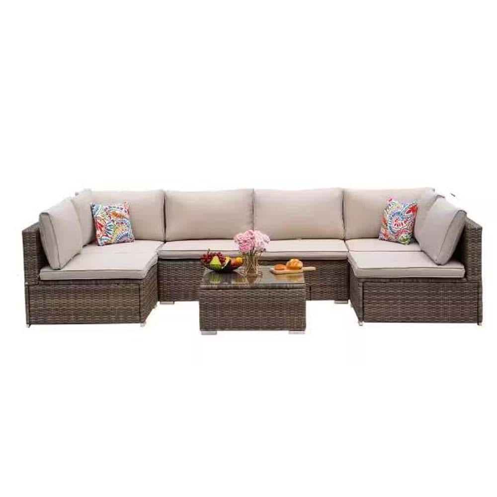 Sudzendf 7-Piece Brown Wicker Outdoor Sectional Set with Beige Cushions ...