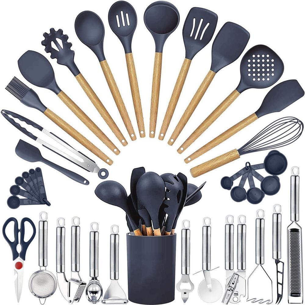 Wudkey 35-Piece Blue Heat Resistant Food Grade Silicone and Wooden ...
