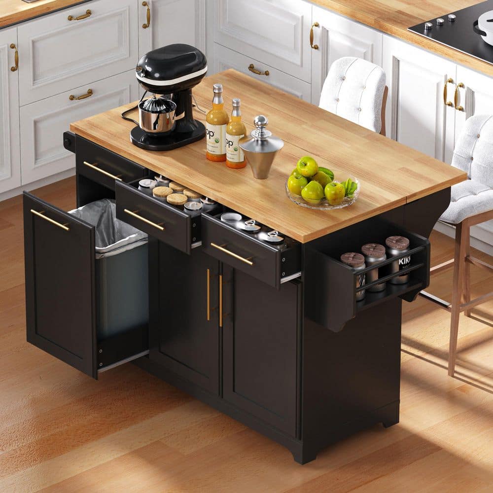 Have a question about Runesay Modern Black Wood 59.3 in. Drop Leaf Power Outlet Kitchen Island ...