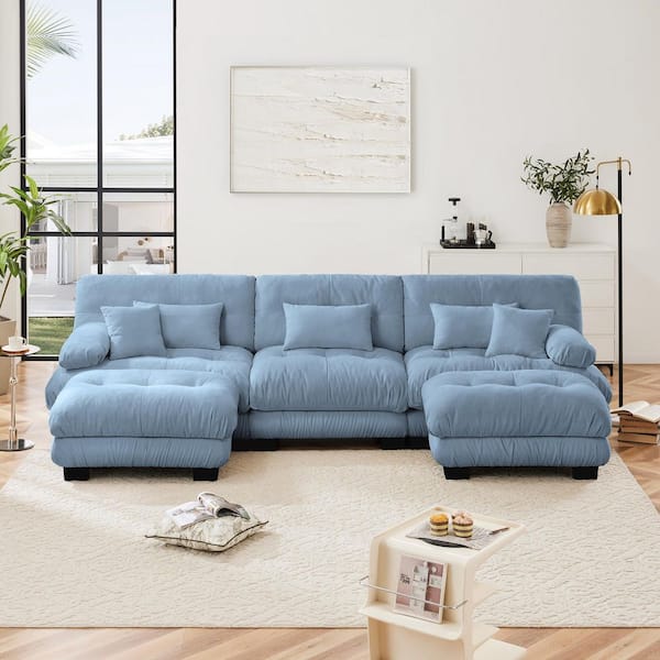 Noble House Ronald 133.8 in. Chenille Upholstered U Shaped Sectional Sofa in Blue with 2 ...