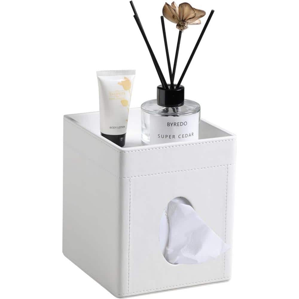 CLAVIE PU Leather Square Tissue Box Holder with Storage Tray in White ...