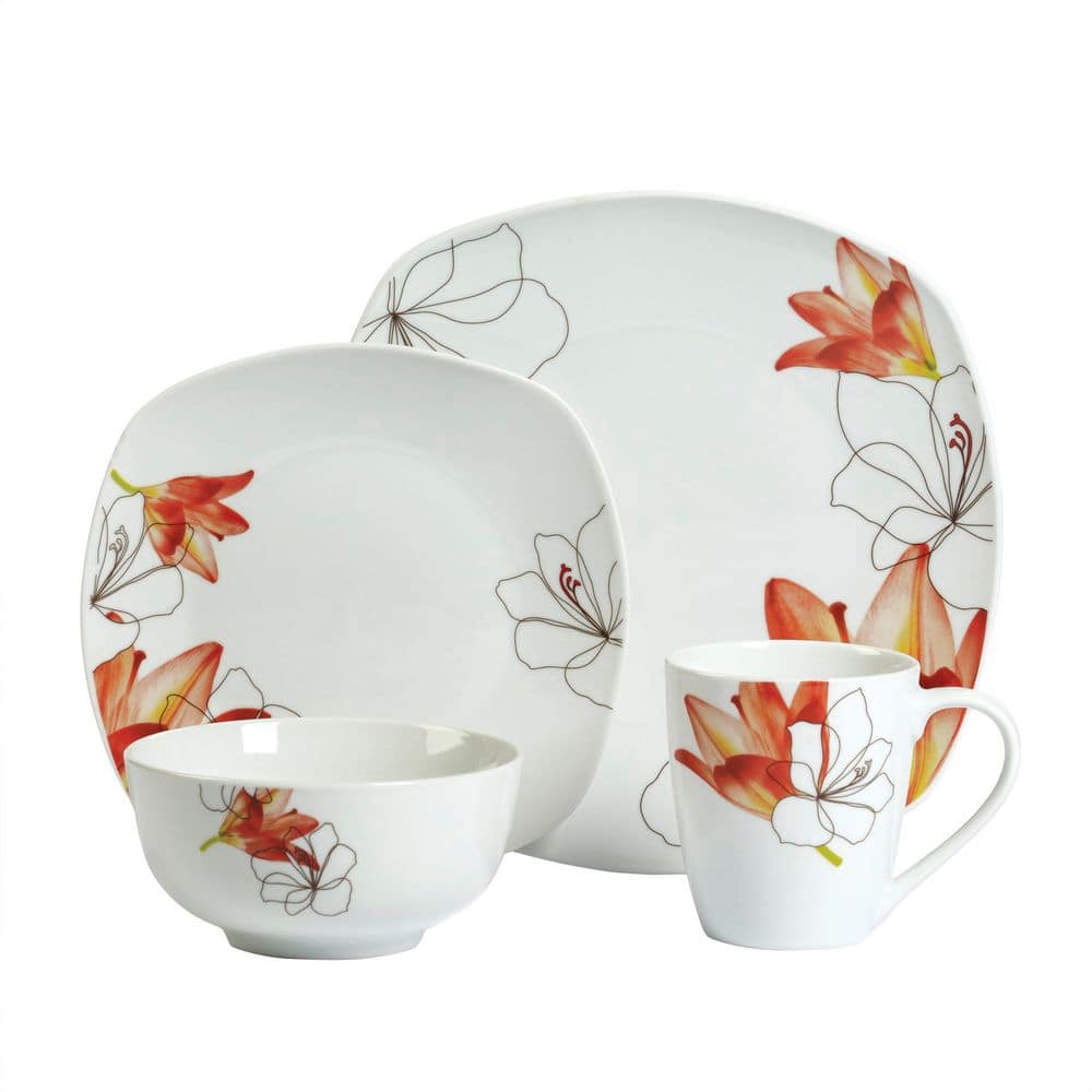 Tabletops Gallery Lily 16-Piece Casual White with Pattern Ceramic ...