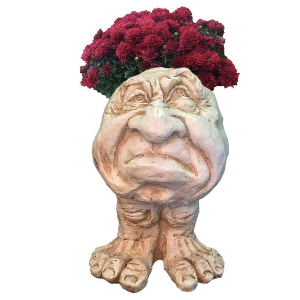 HOMESTYLES 13 in. Antique White Grumpy the Muggly Face Statue Planter ...
