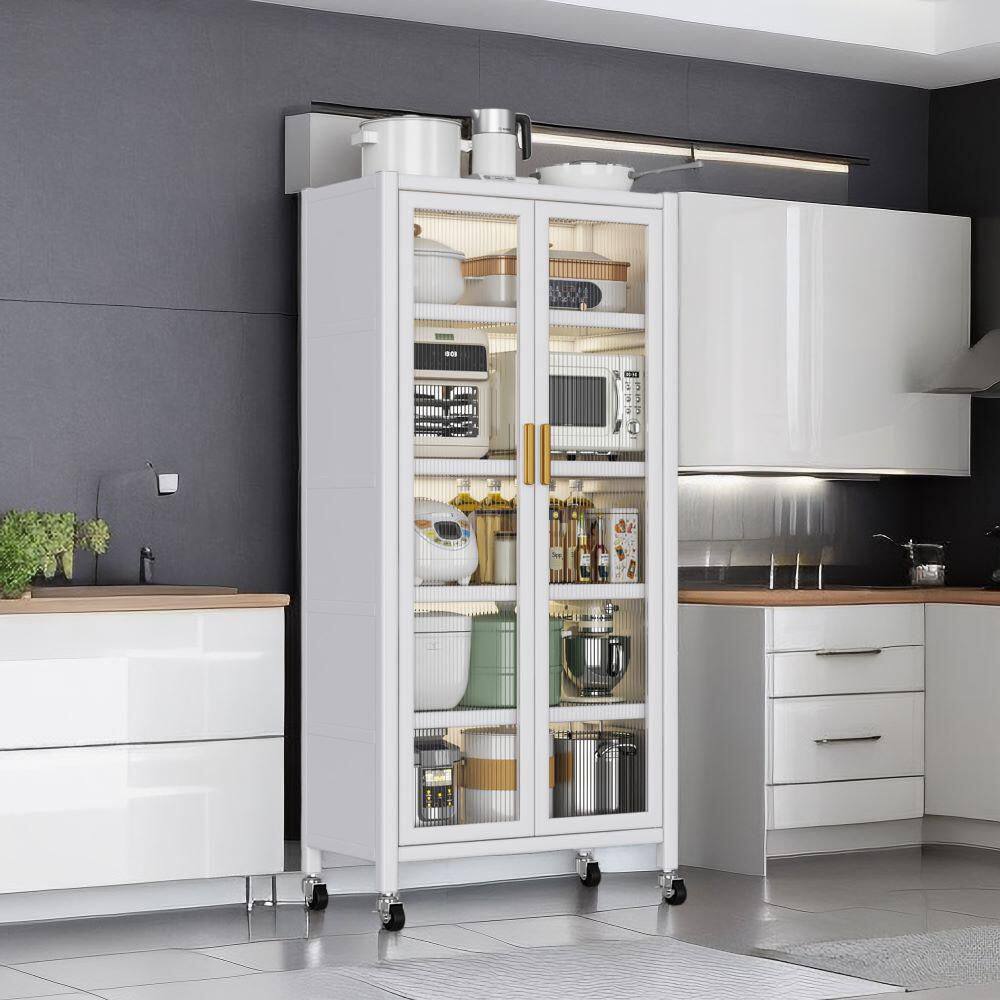 OLUMAT White 65.2 in. H Metal Kitchen Storage Cabinet Kitchen Cart with ...