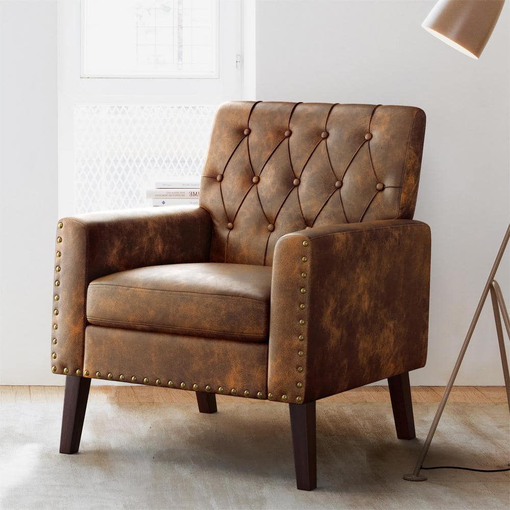 LUE BONA Athena Brown Faux Leather Arm Chair Accent Chair with Wood Frame Button Tufted Back ...