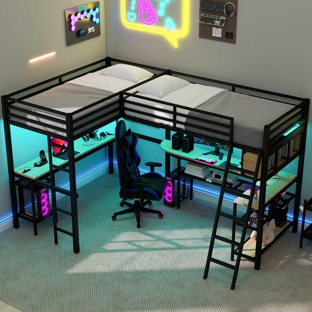 Harper & Bright Designs Black Metal Twin Size L-Shaped Loft Bed with ...