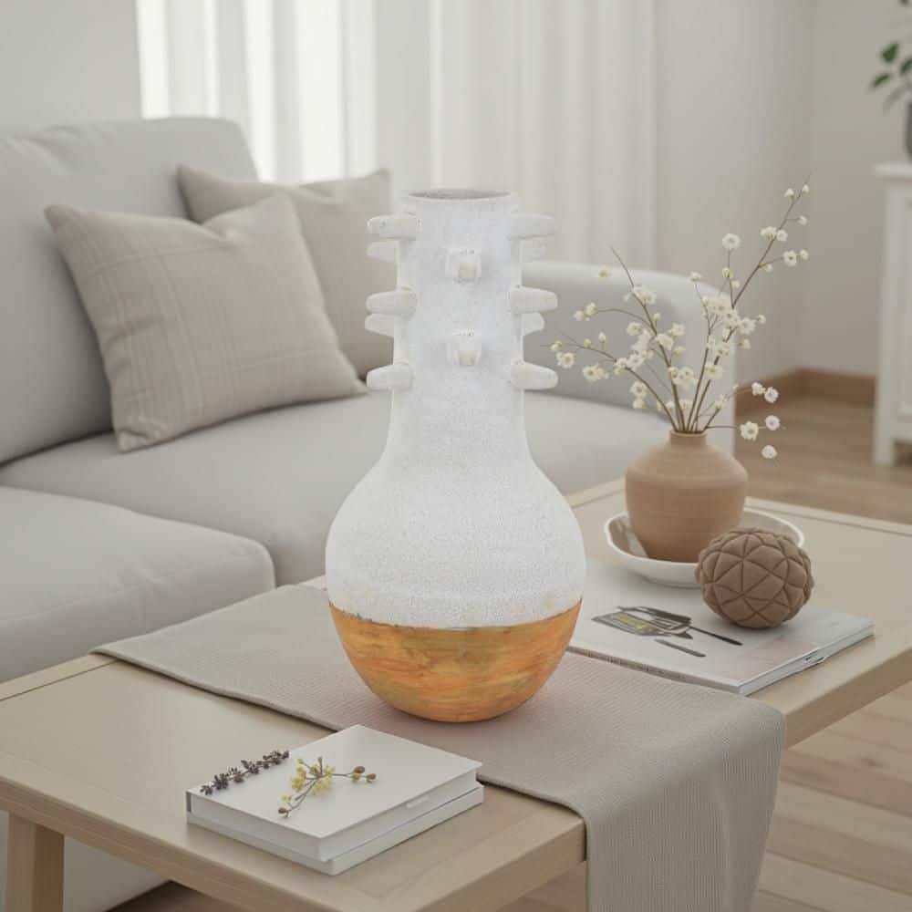 Benjara Enya 15 in. White and Brown Ceramic Bud Decorative Flower Vase ...