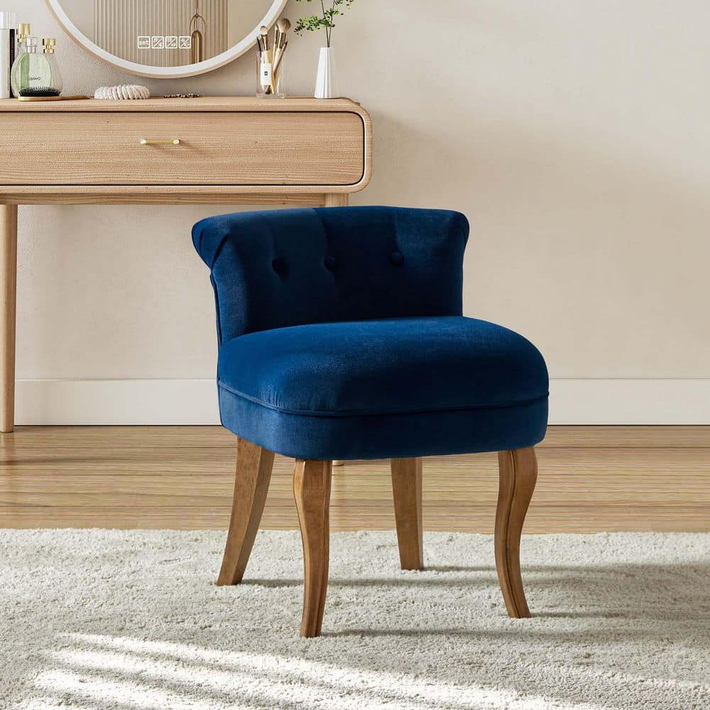 JAYDEN CREATION Nila Navy Vanity Velvet Upholstered Stool with Solid ...