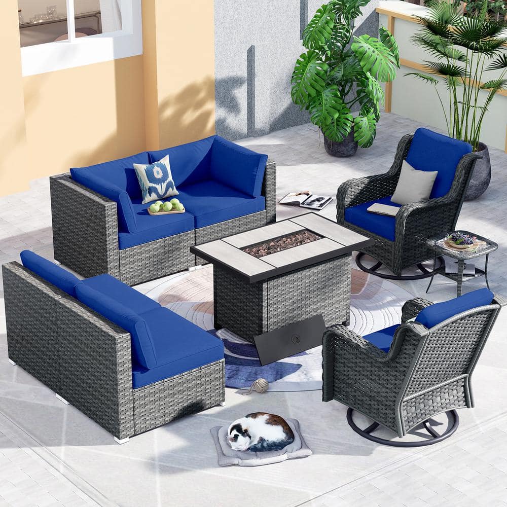 XIZZI Iris Gray 8-Piece Wicker Outdoor Patio Rectangular Fire Pit Set ...