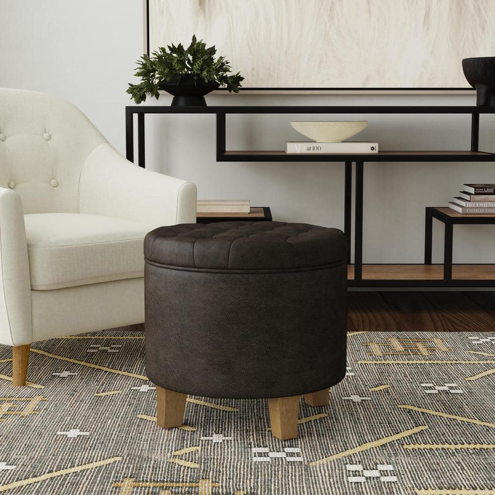 Homepop Button Tufted Black Faux Leather Round Storage Ottoman with ...