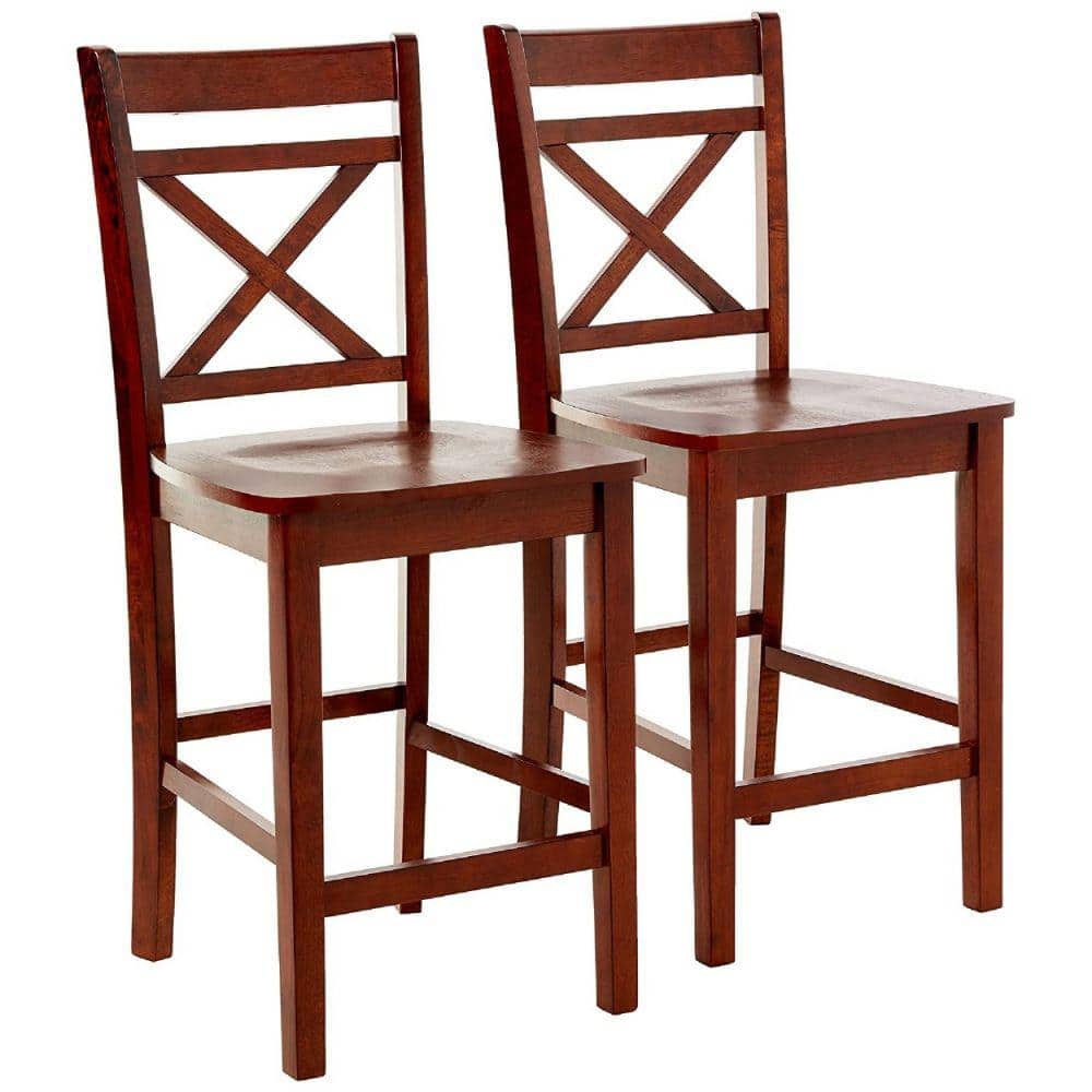 Benjara Brown Wooden Cross Back Counter Height Dining Chair (Set of 2 ...
