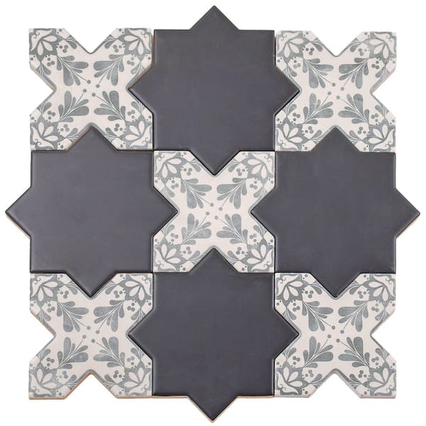 Apollo Tile Siena 5.4 in. x 5.4 in. White Star Charcoal Black Cross ...