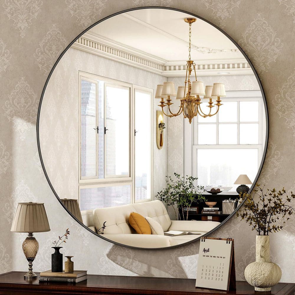 XRAMFY 30 in. W x 30 in. H Round Black Vanity Mirror with Brushed ...