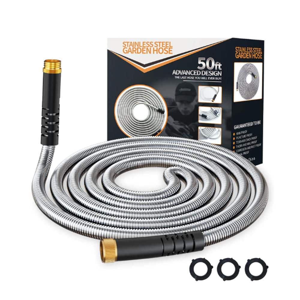 50 ft. Heavy-Duty Garden Hose Stainless Steel Water Hose with 3/4 in ...