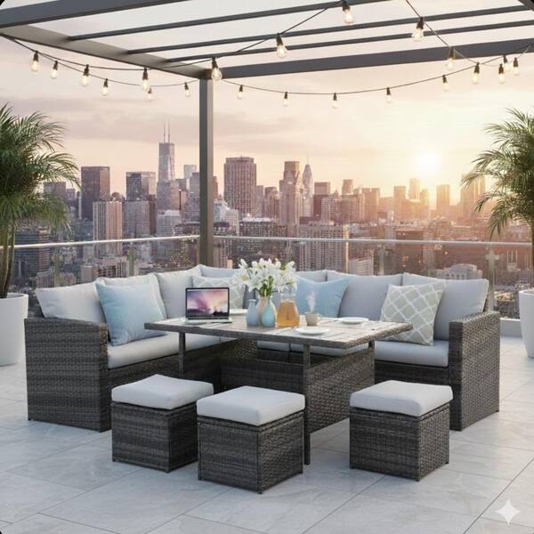 Cesicia Brown 7-Piece Wicker Outdoor Sectional Sofa Set with Table and ...
