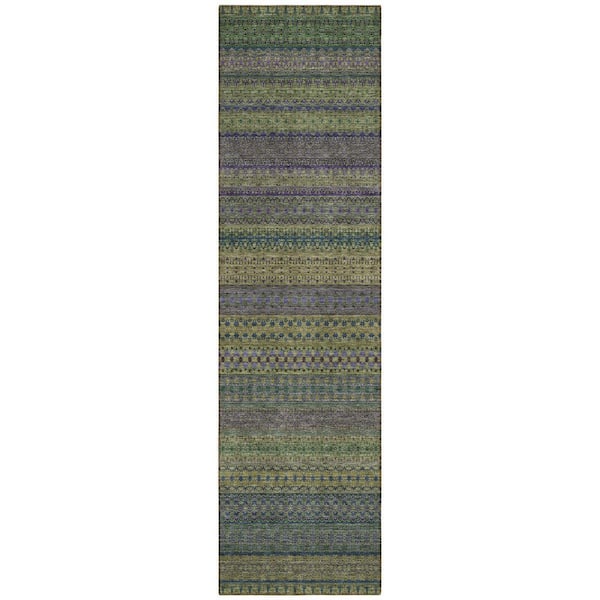 HomeRoots Olive Green 2 ft. x 8 ft. Woven Striped Polyester Runner ...