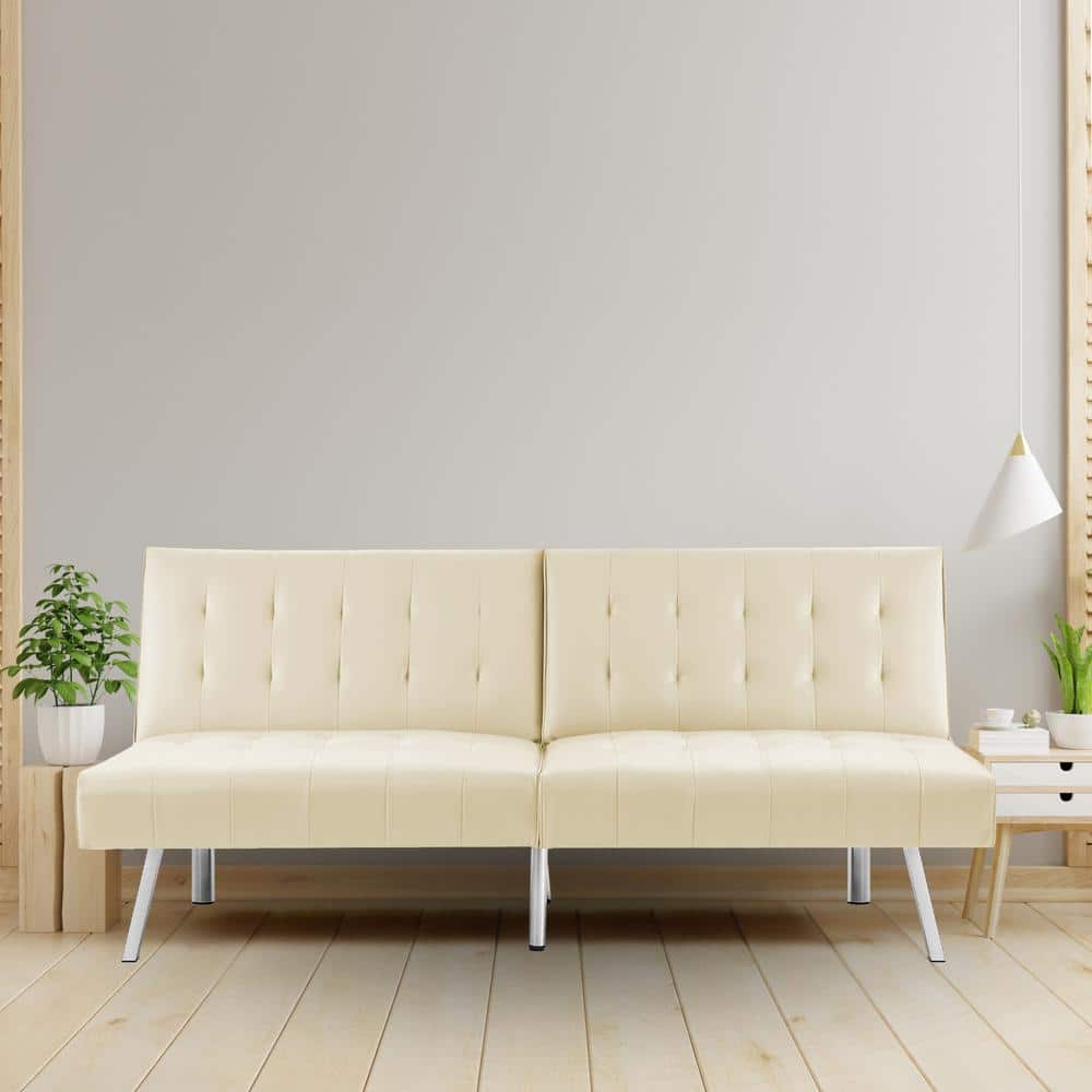 HOMESTOCK Cream, Faux Leather Tufted Split Back Futon Sofa Bed, Couch ...