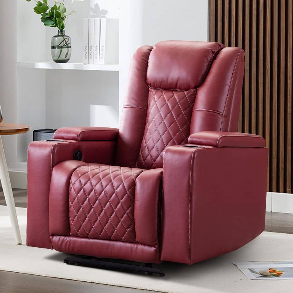 Boyel Living Red PU Leather Power Recliner Home Theater Recliner with Cup Holder and USB Port BL ...