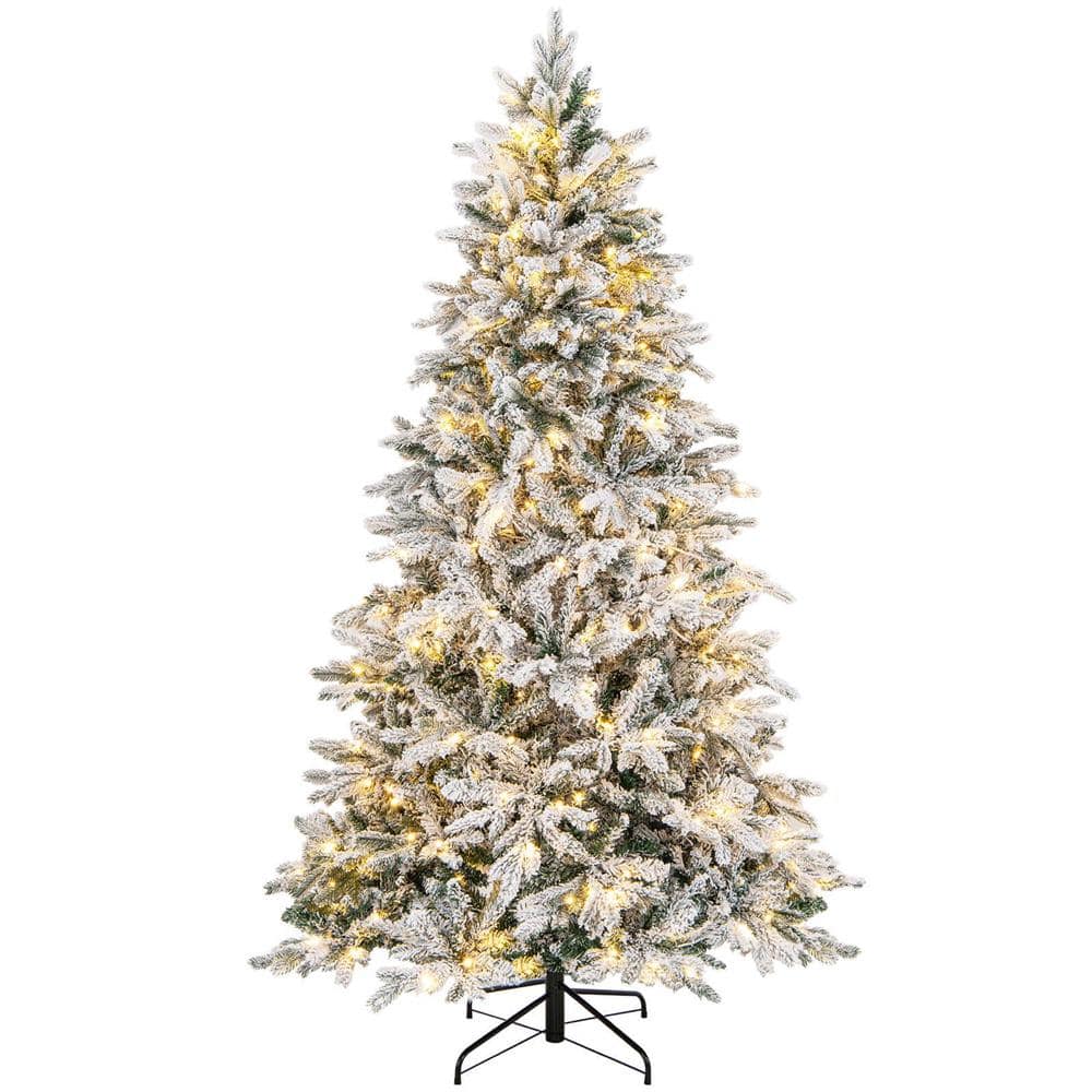Costway 7 ft. Pre-Lit Snow Flocked Hinged Artificial Christmas Tree ...