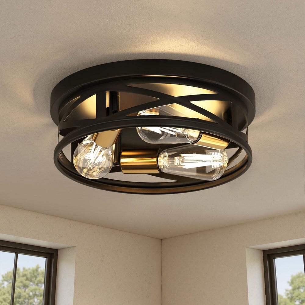 YANSUN 12.6 in. 3-Light Black and Gold Farmhouse Flush Mount Ceiling ...
