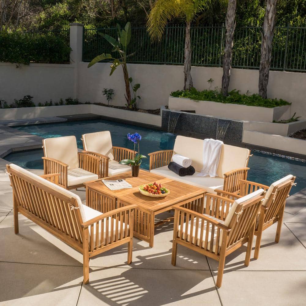 Brown 8-Piece Wood Patio Conversation Set with Beige Cushions and ...