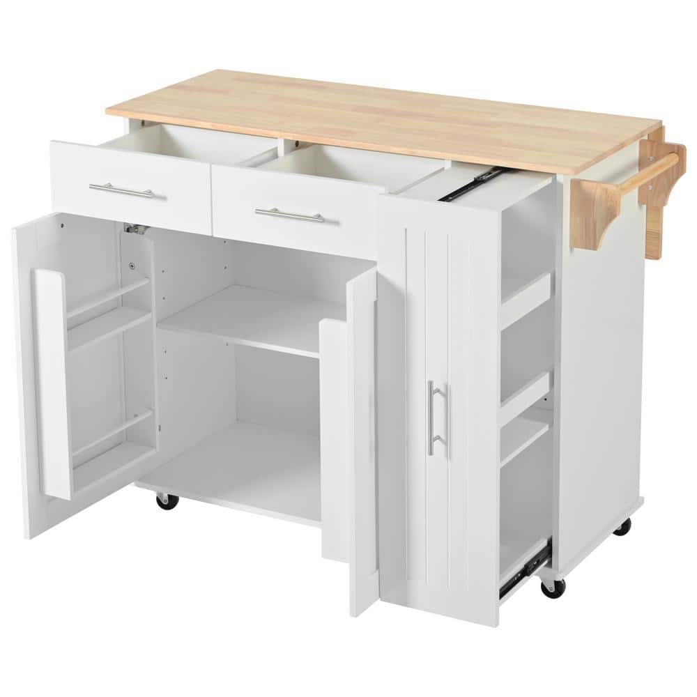 FUNKOL White Rubber Wood Top 46 in. Rolling Kitchen Island Cart with 3 ...