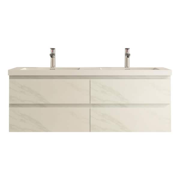 TONA Angela 60 in. Double Jazz White Bath Vanity Wall-Mounted Floating ...