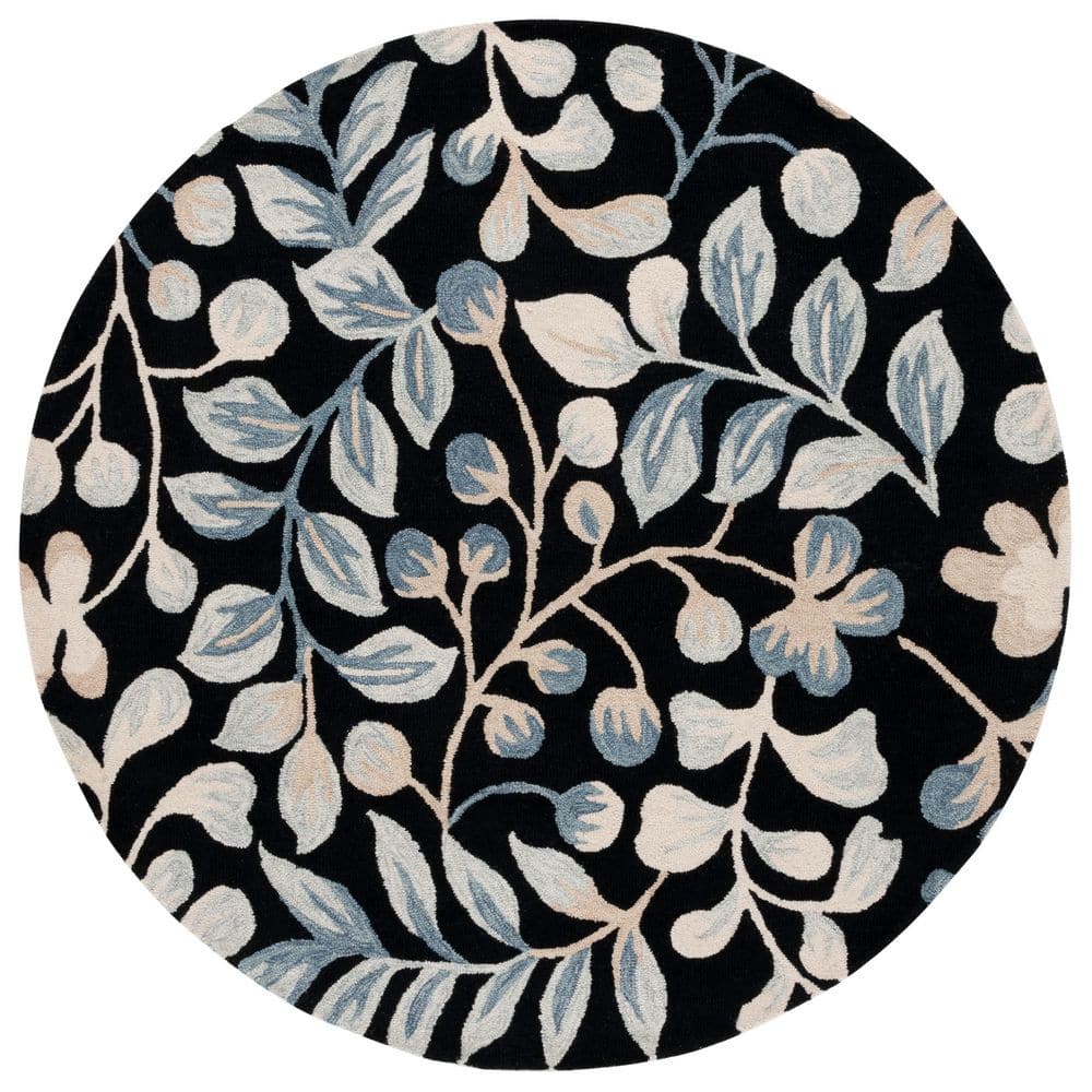 SAFAVIEH Jardin 6 ft. x 6 ft. Black/Ivory Leaf Swirls Round Area Rug ...