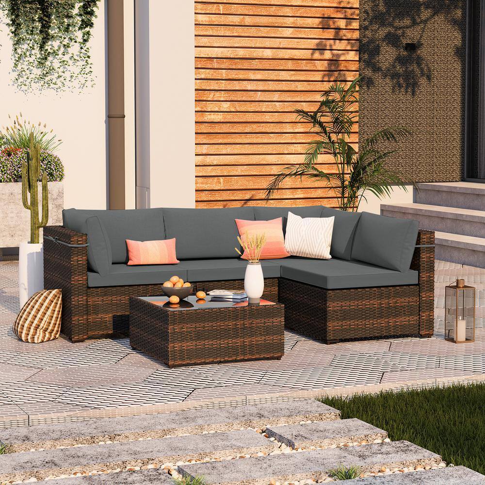 UPHA 5-Piece Brown Wicker Patio Conversation Set Outdoor Sectional Sofa ...