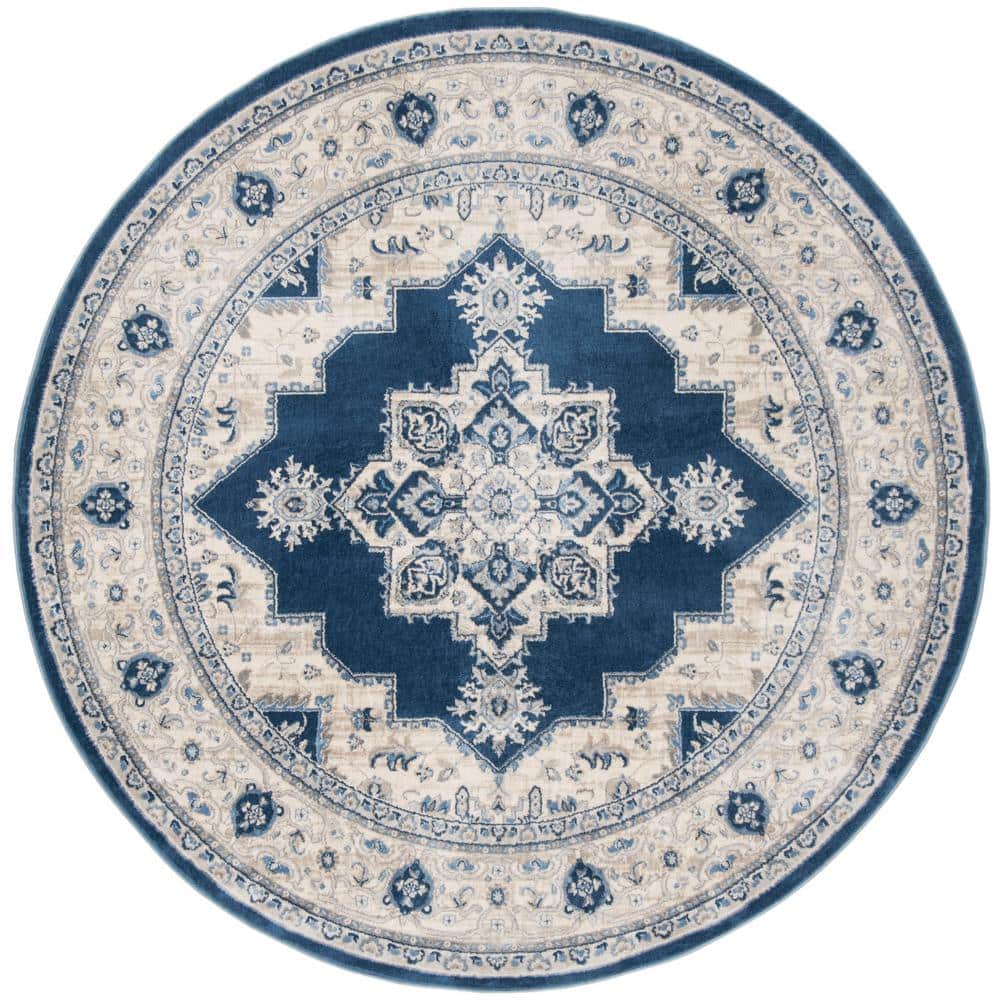 SAFAVIEH Brentwood Navy/Cream 5 ft. x 5 ft. Round Medallion Border ...