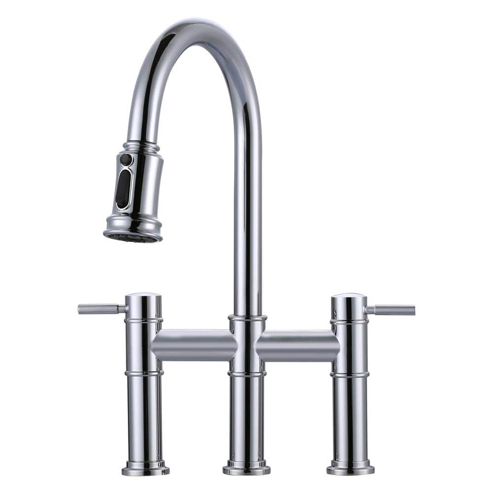 WOWOW Double Handle Bridge Kitchen Faucet in Polished Chrome 2314700C ...