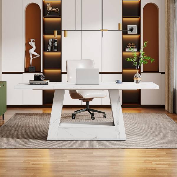 Lanita 63 in. Rectangular White Engineered Wood Executive Desk with Wood Pedestal Base Wooden Faux Marble Computer Desk