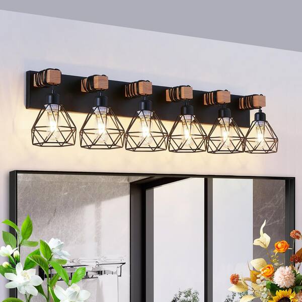 ARISKEEN 38 in. Black Geometric 6-Light Vanity Light Fixture, Wooden ...